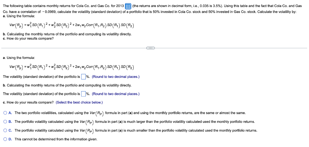 Solved The following table contains monthly returns for Cola | Chegg.com