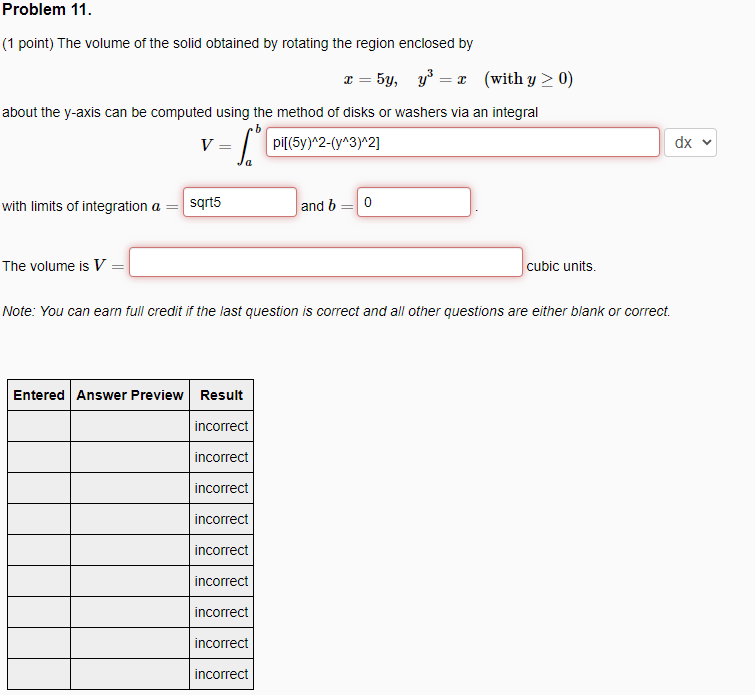 Solved Problem 11. (1 point) The volume of the solid | Chegg.com