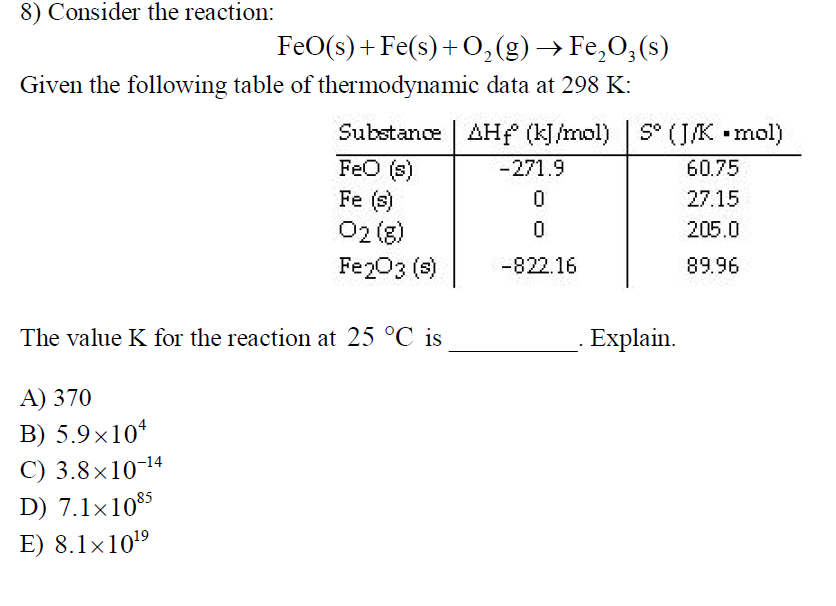 Solved 8) Consider the reaction: FeO(s)+Fe(s)+O2(g) → | Chegg.com