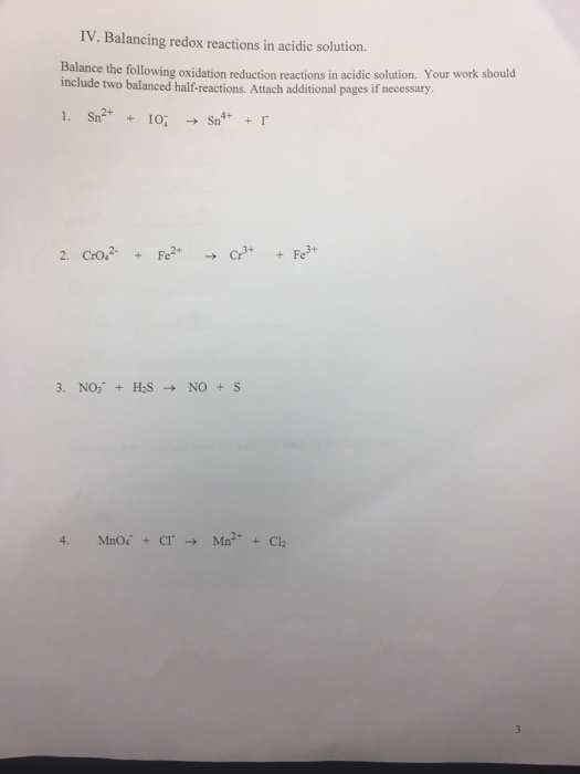 Solved IV. Balancing redox reactions in acidic solution. | Chegg.com