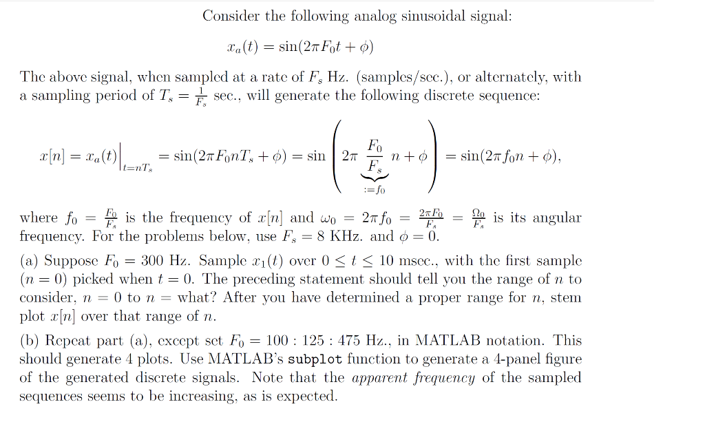 Consider the following analog sinusoidal signal: | Chegg.com