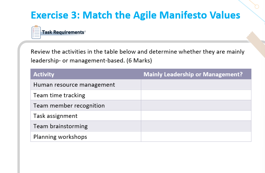 Solved Exercise 3: Match the Agile Manifesto Values Task | Chegg.com