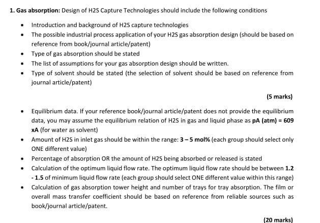 Solved 1. Gas absorption: Design of H2S Capture Technologies | Chegg.com