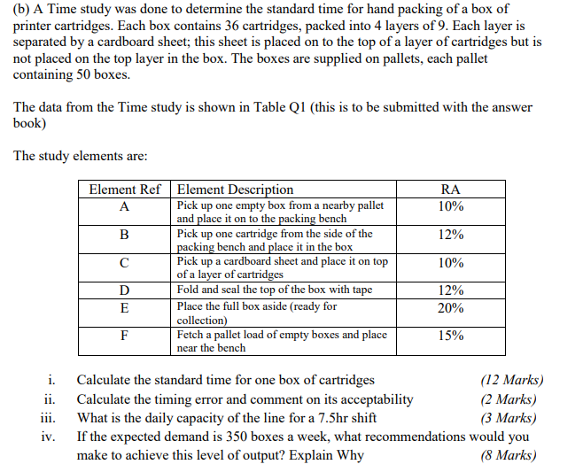 (b) A Time study was done to determine the standard | Chegg.com