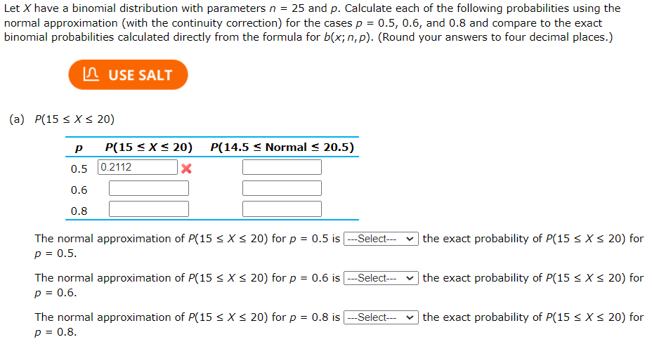 Solved b) P(X≤15) The normal approximation of P(X≤15) for | Chegg.com