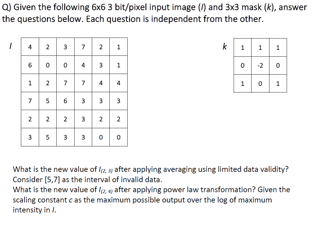 Solved Q) Given the following 6x6 3 bit/pixel input image | Chegg.com