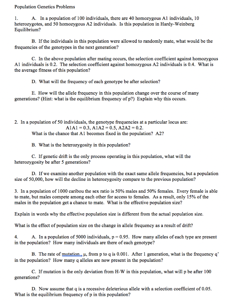 Population Genetics Problems 1. A. In a population of | Chegg.com