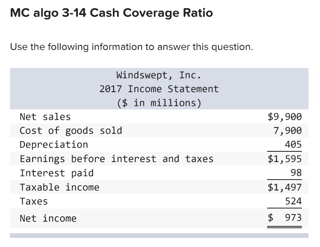 Solved MC algo 3-14 Cash Coverage Ratio Use the following | Chegg.com