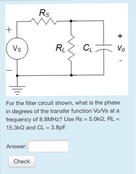 Solved For the filter circuit shown, what is the phase in | Chegg.com