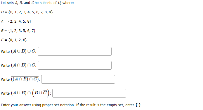 Solved Let sets A,B, and C be subsets of U, where: | Chegg.com