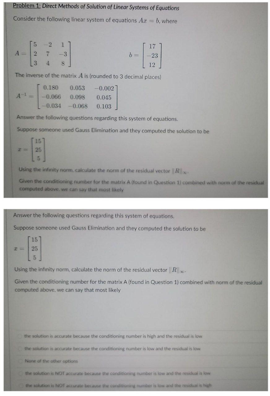 Problem 1: Direct Methods of Solution of Linear | Chegg.com