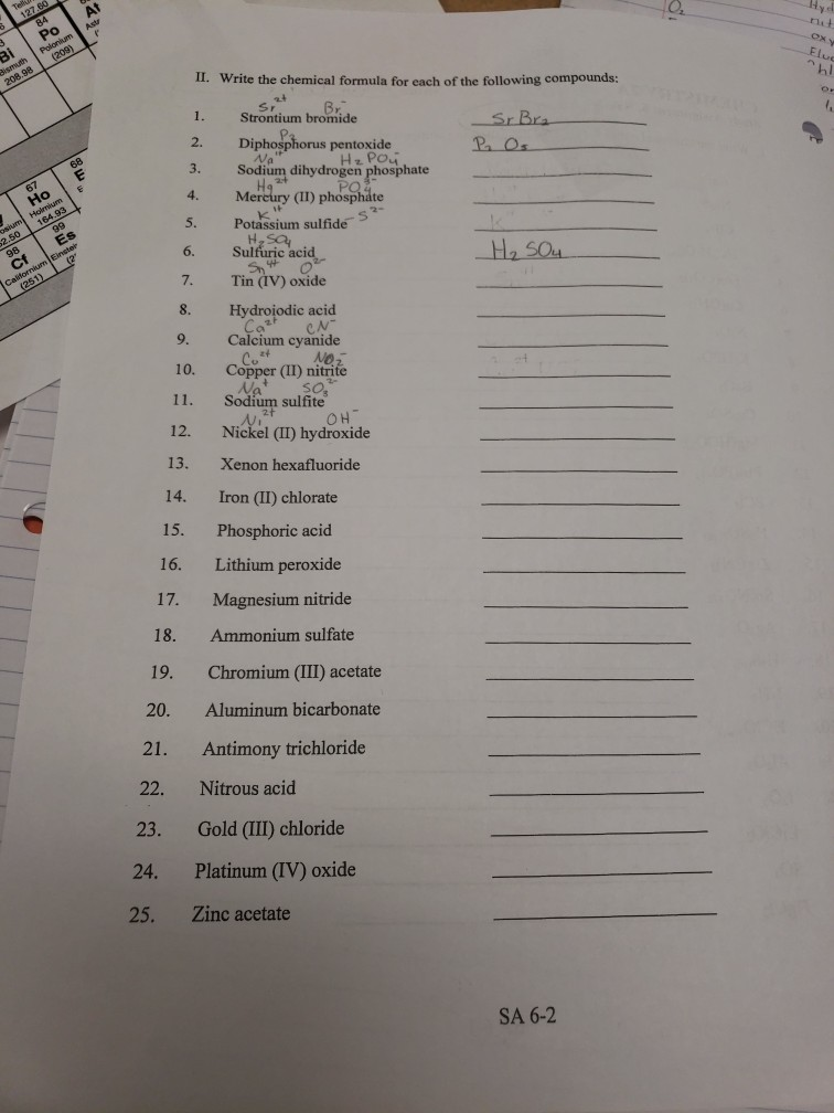 Solved CHEMISTRY 2A Study Assignment 6, Naming & Formulas I. | Chegg.com