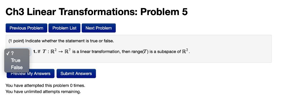 Solved Ch3 Linear Transformations: Problem5 Previous Problem | Chegg.com
