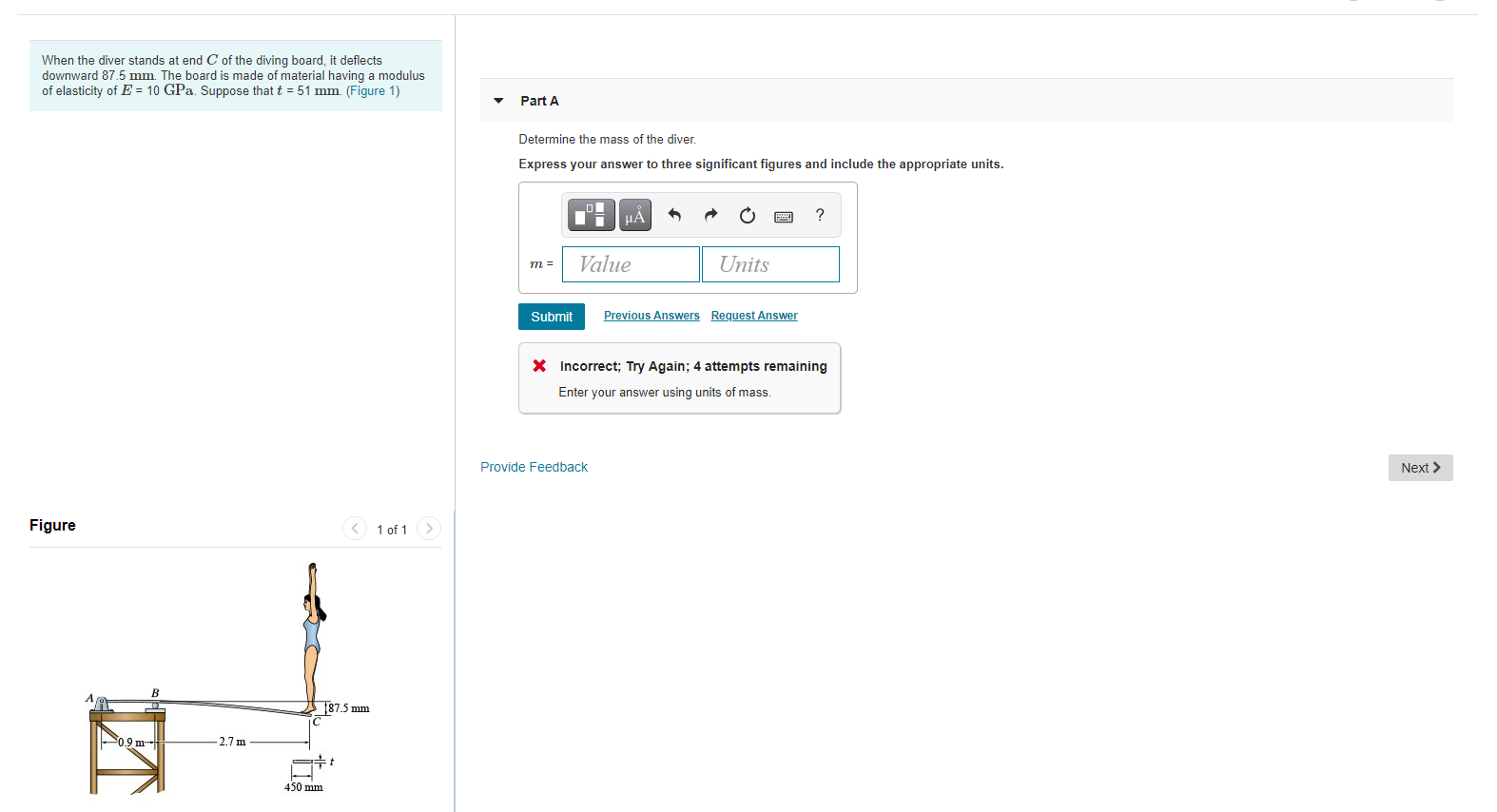 Solved When the diver stands at end C of the diving board, | Chegg.com