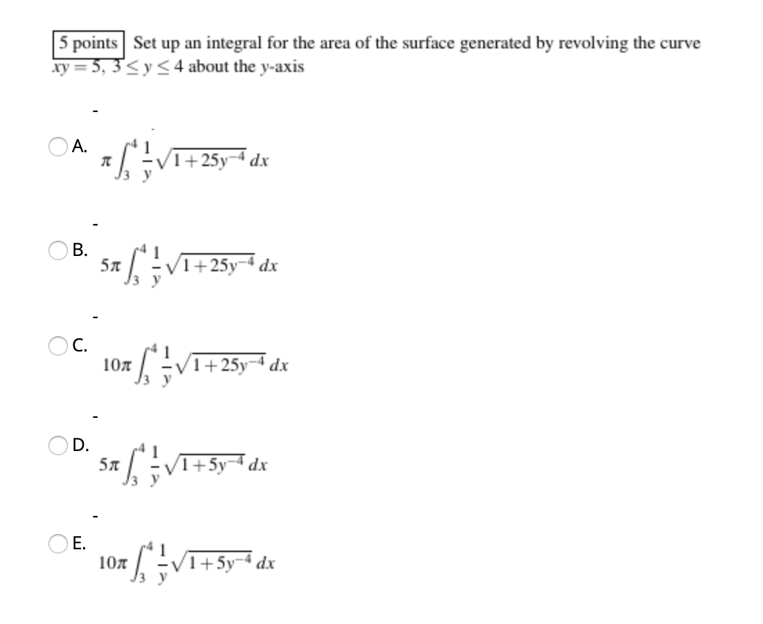 Solved 5 points Set up an integral for the area of the | Chegg.com