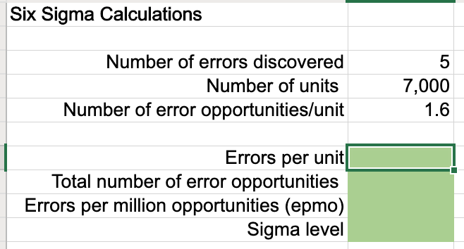 Solved Six Sigma Calculations Number of errors discovered | Chegg.com