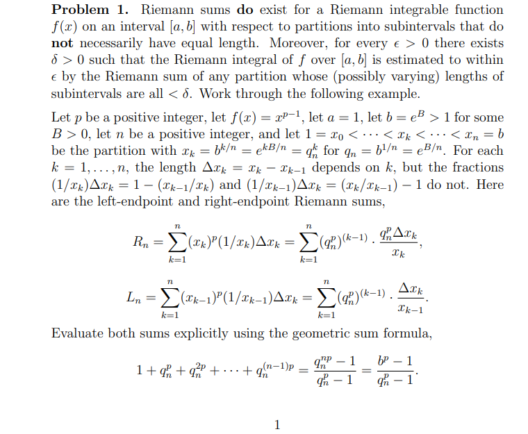Problem 1. Riemann sums do exist for a Riemann | Chegg.com
