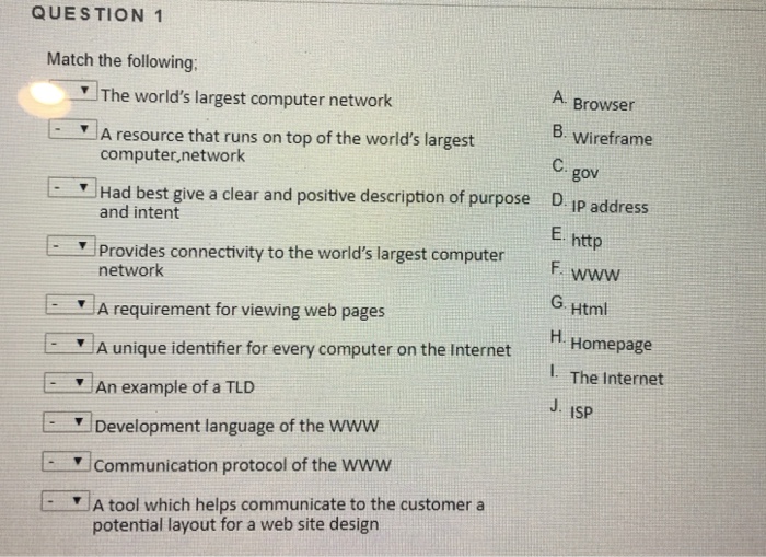 Solved QUESTION 1 Match the following A Browser B. Wireframe | Chegg.com