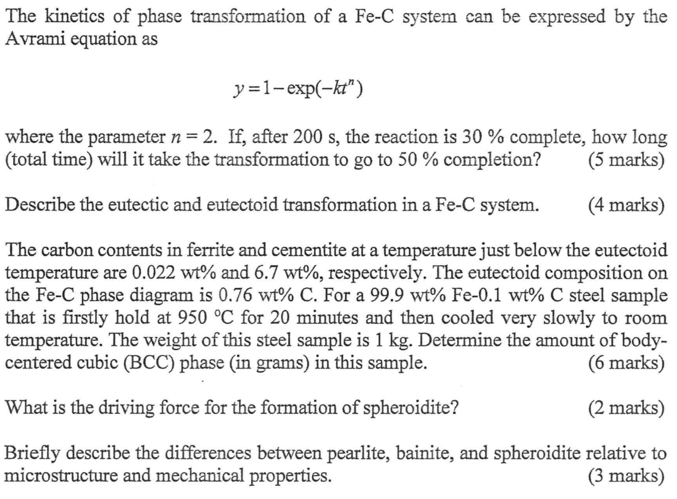 Solved The kinetics of phase transformation of a Fe-C system | Chegg.com