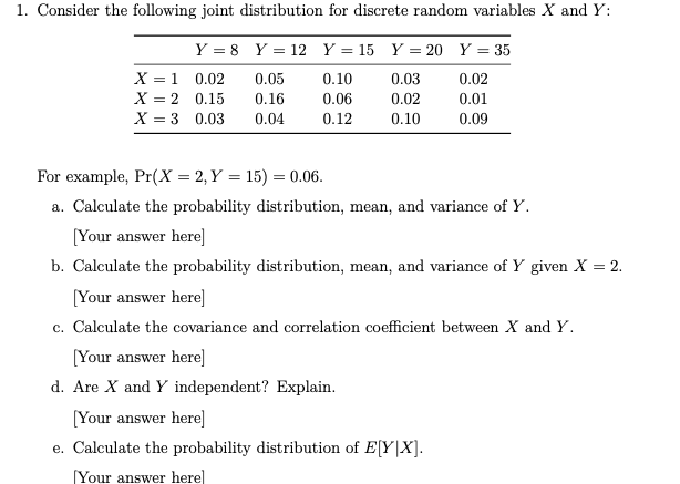 Solved 1. Consider the following joint distribution for | Chegg.com