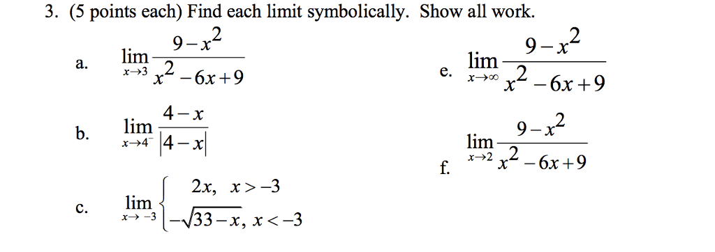Solved 3. (5 points each) Find each limit symbolically. Show | Chegg.com