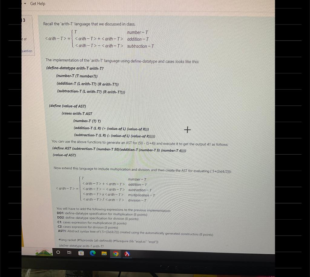 Solved Recall the 'arith- T ' language that we discussed in | Chegg.com