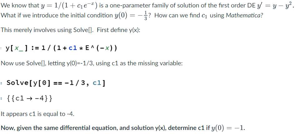 Solved Now use Solve[], ﻿letting y(0)=-13, ﻿using c1 ﻿as the | Chegg.com