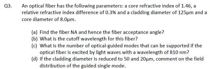 Solved Q3. An optical fiber has the following parameters: a | Chegg.com