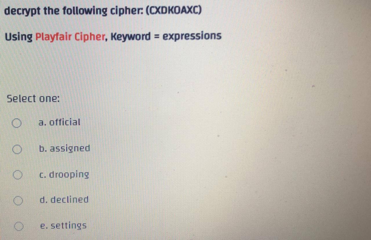 Solved decrypt the following cipher: (CXDKOAXC) Using | Chegg.com