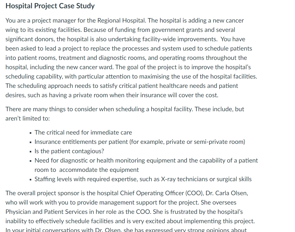 Solved Hospital Project Case Study You are a project manager | Chegg.com