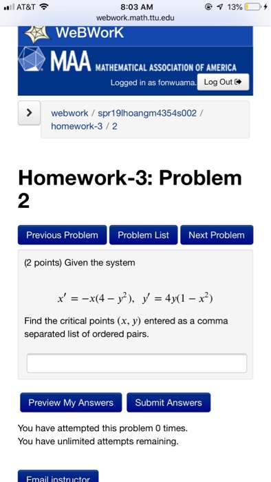Solved AT&T 8:03 AM webwork.math.ttu.edu WeBWorK | Chegg.com