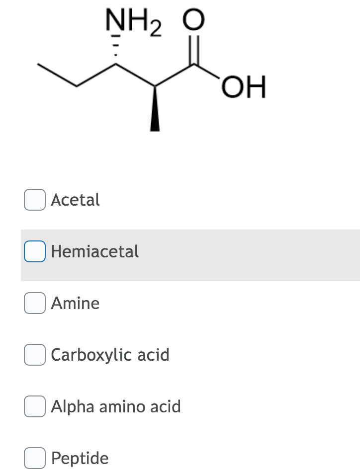 Solved NH2O OH Acetal Hemiacetal Amine Carboxylic acid Alpha | Chegg.com