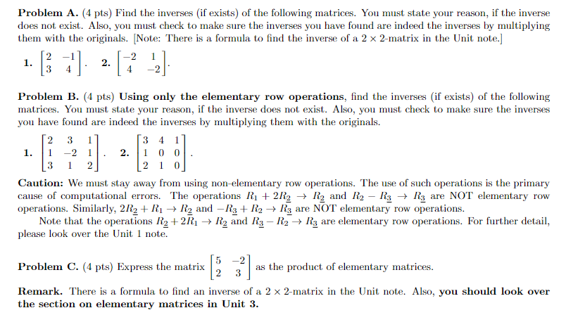 Solved Problem A. (4 pts) Find the inverses (if exists) of | Chegg.com