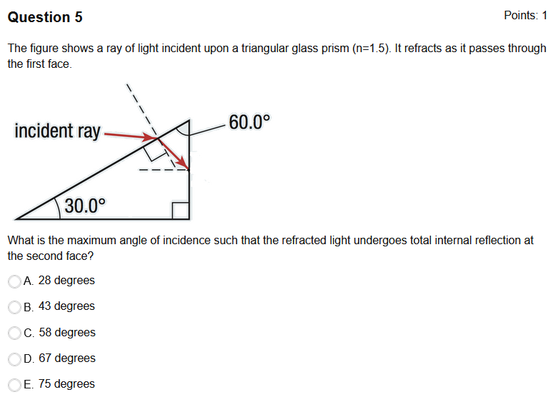 Solved Question 5 Points: 1 The figure shows a ray of light | Chegg.com