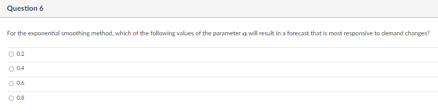 Solved Question 6For the exponential smoothing method, which | Chegg.com