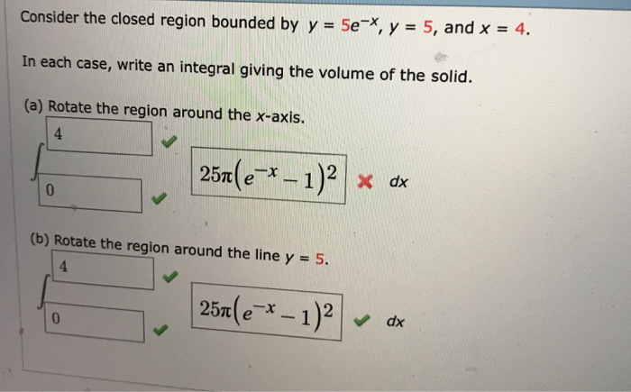 Solved Consider the closed region bounded by y = 5e-x, y 5, | Chegg.com