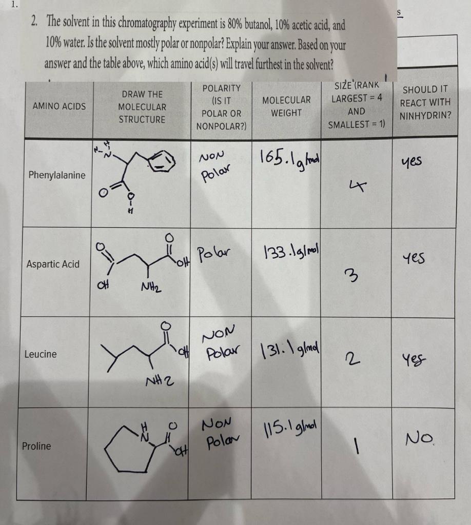Solved 2. The solvent in this chromatography experiment is | Chegg.com