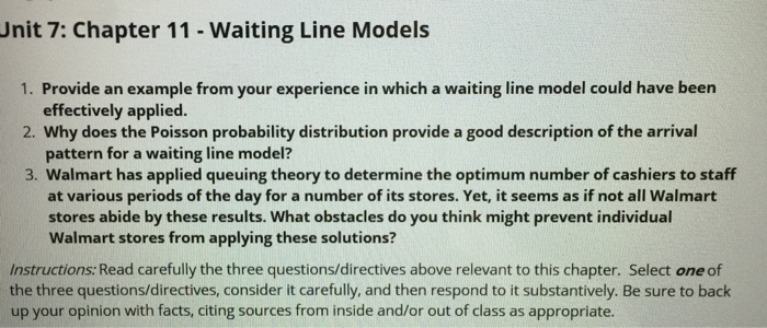 Solved Unit 7: Chapter 11 - Waiting Line Models 1. Provide | Chegg.com