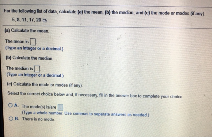 Solved For the following list of data, calculate (a) the | Chegg.com