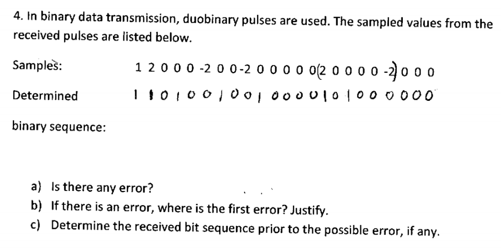 Solved 4. In binary data transmission, duobinary pulses are | Chegg.com
