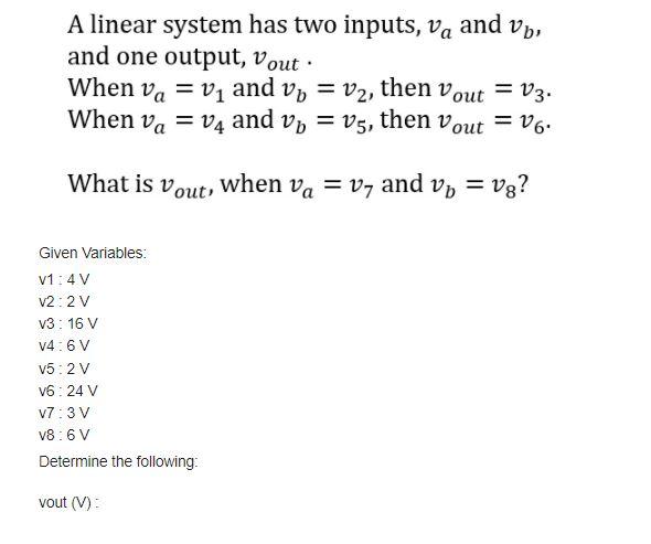 Solved A linear system has two inputs, vą and vb, , and one | Chegg.com