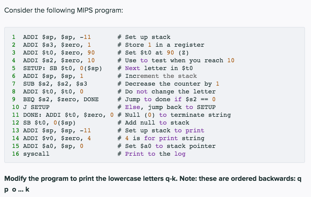Consider the following MIPS program: ADDI $sp, $sp, | Chegg.com