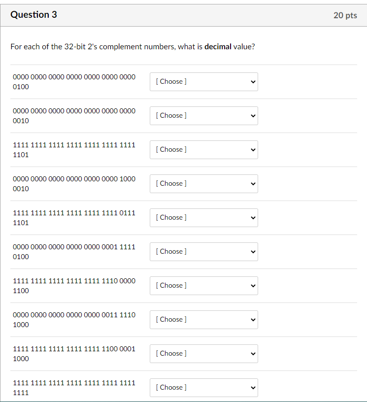 Solved Question 3 20 pts For each of the 32-bit 2's | Chegg.com