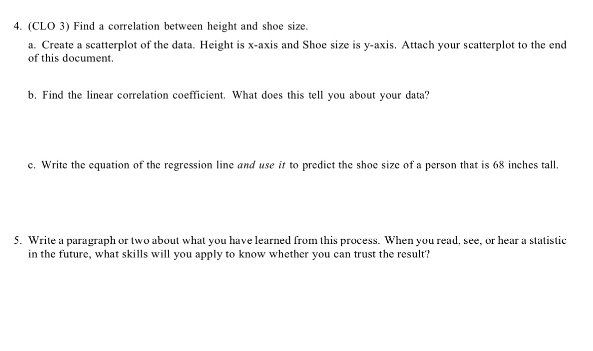 Solved 4. (CLO 3) Find a correlation between height and shoe | Chegg.com