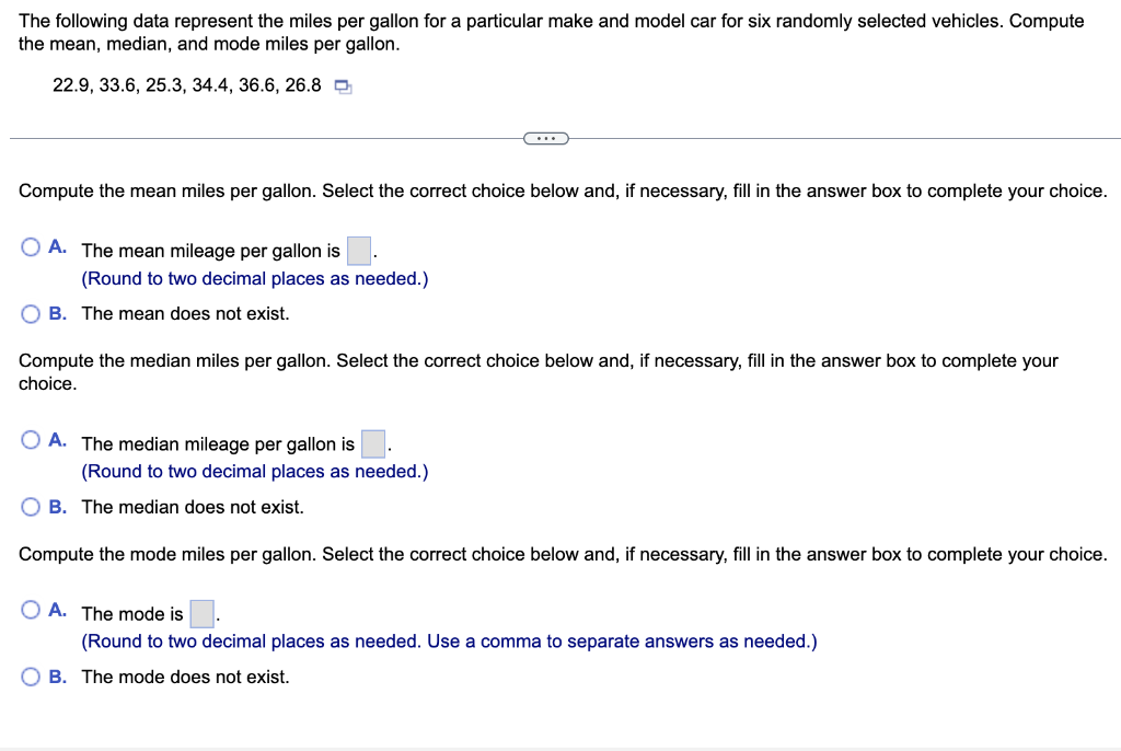 Solved The following data represent the miles per gallon for | Chegg.com