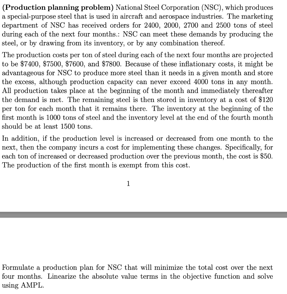 Solved (Production planning problem) National Steel | Chegg.com