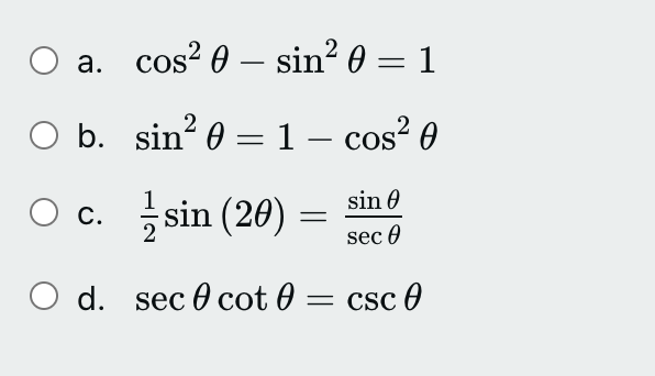 Solved a. cosa 0 – sin0 = 1 2 b. sin? 0 = 1 - cos? 0 sin e | Chegg.com
