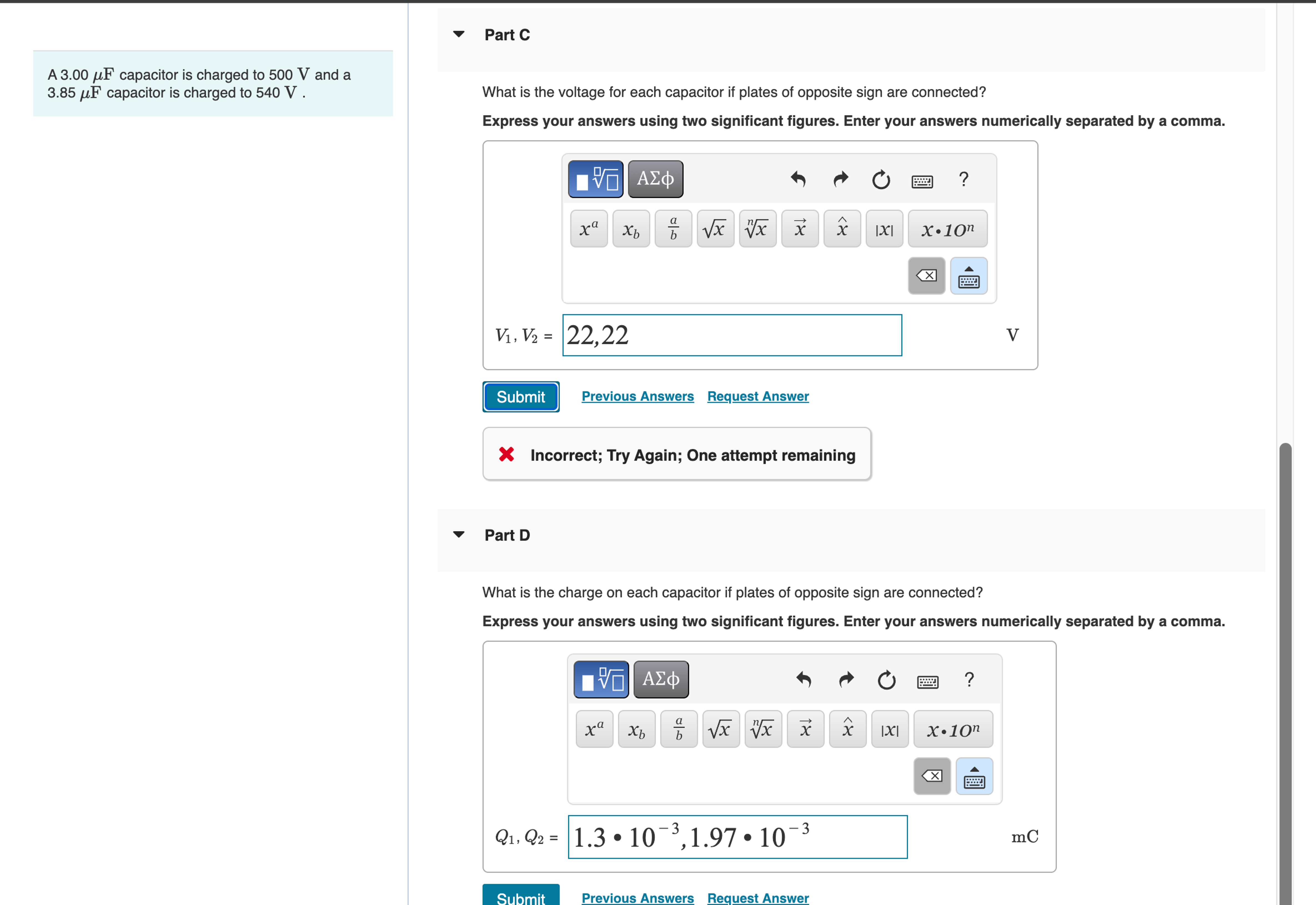 Solved A 3.00μF ﻿capacitor is ﻿charged to 500 V ﻿and a3.85μF | Chegg.com