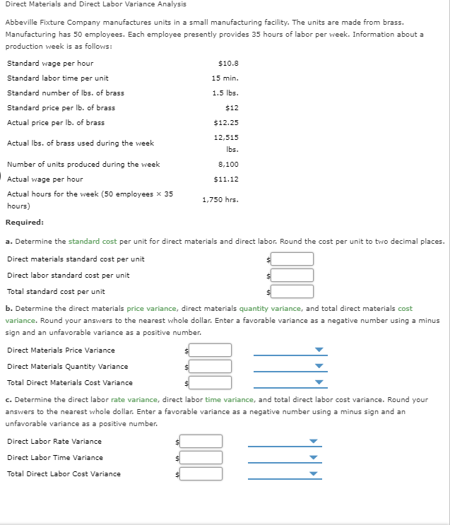 Solved Direct Materials and Direct Labor Variance Analysis | Chegg.com