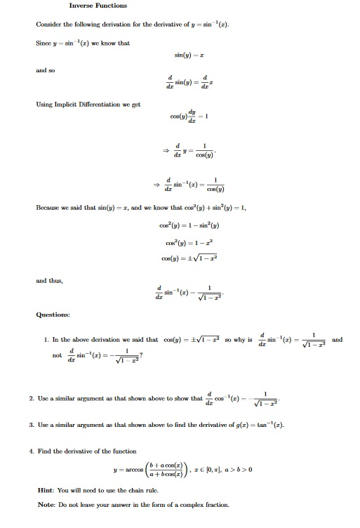 Solved Inverse Functions Consider the following derivation | Chegg.com
